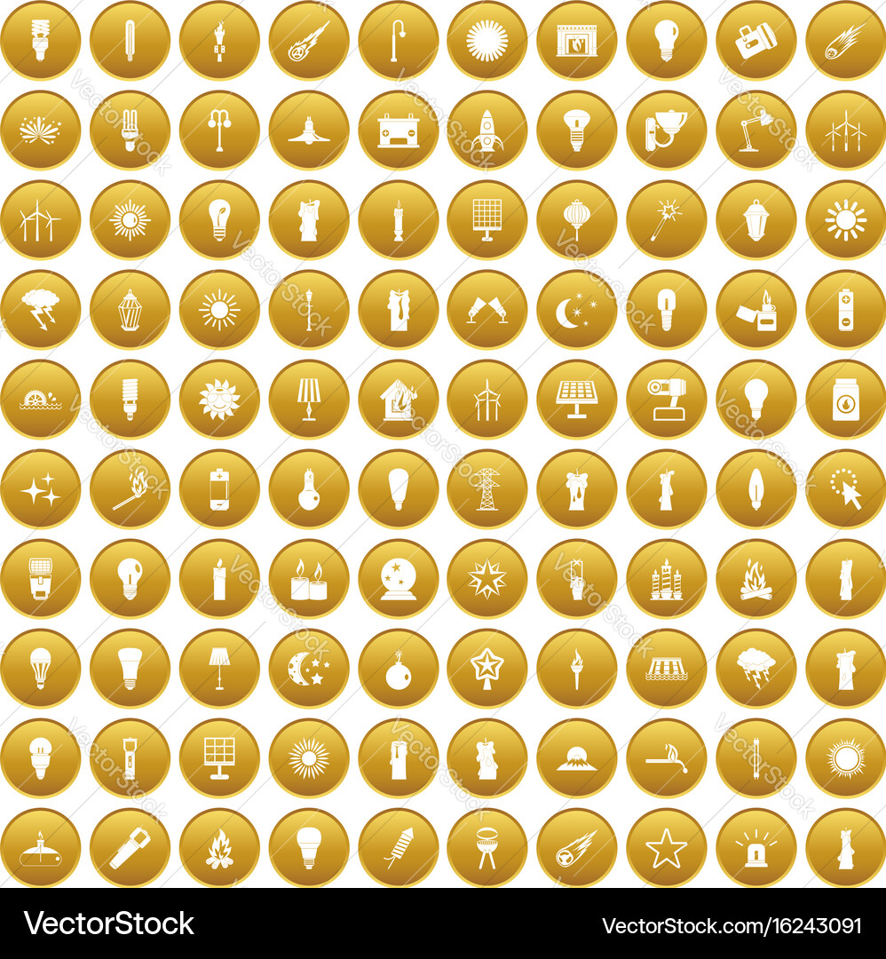 100 light source icons set gold Royalty Free Vector Image