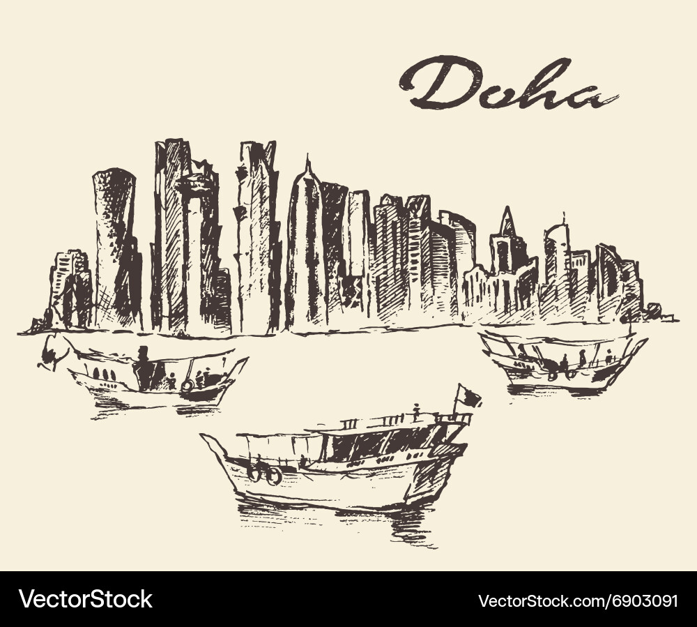 Doha skyline dhow qatar drawn sketch Royalty Free Vector