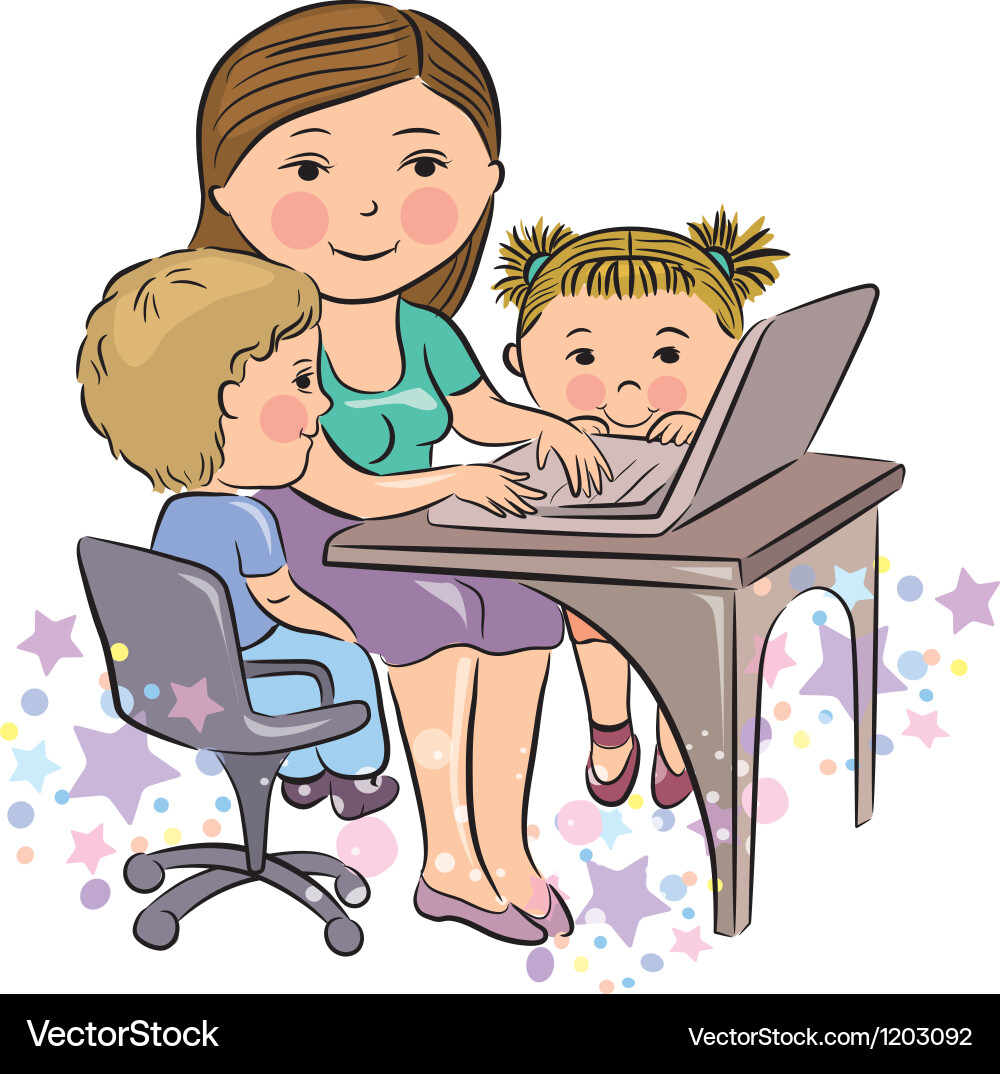Busy mother works with kids Royalty Free Vector Image