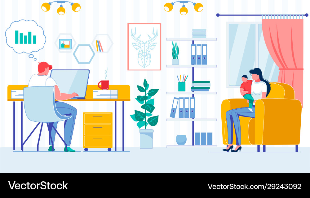 Daddy trying to work in home office solving tasks Vector Image