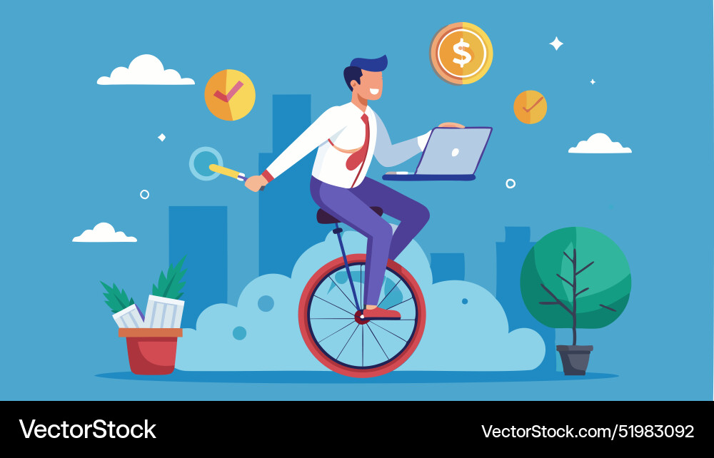 Entrepreneur on unicycle with laptop Royalty Free Vector