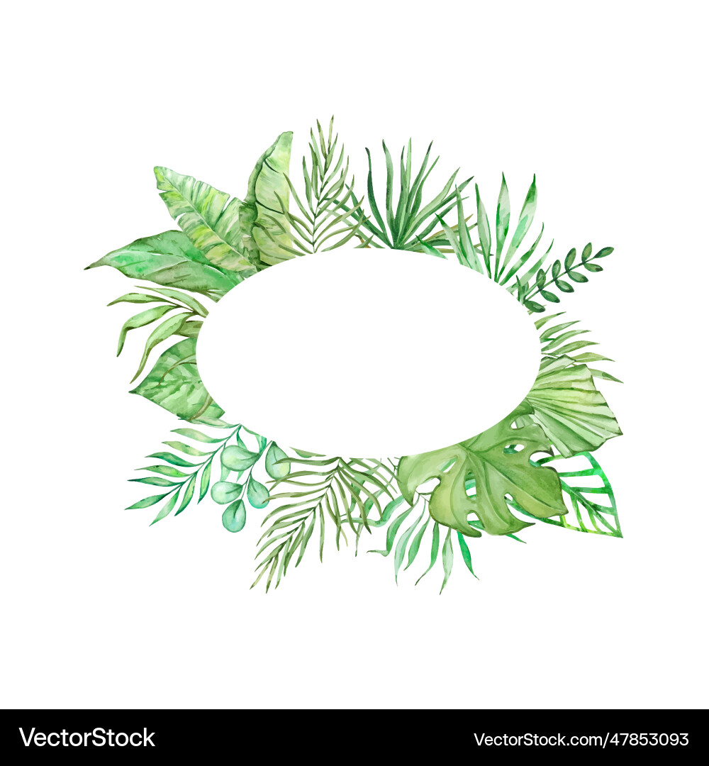Oval frame with watercolor tropical leaves Vector Image