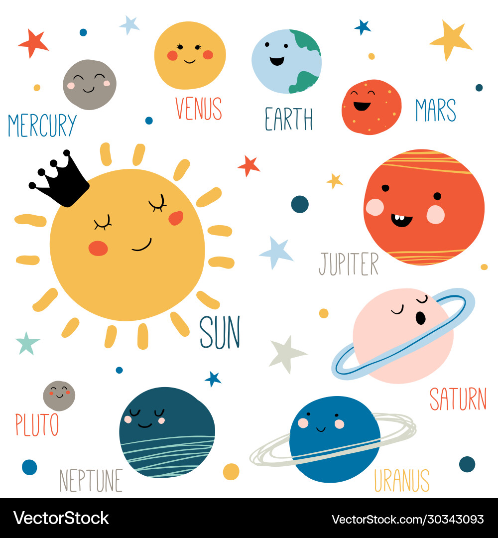 Solar system with cute cartoon planets Royalty Free Vector