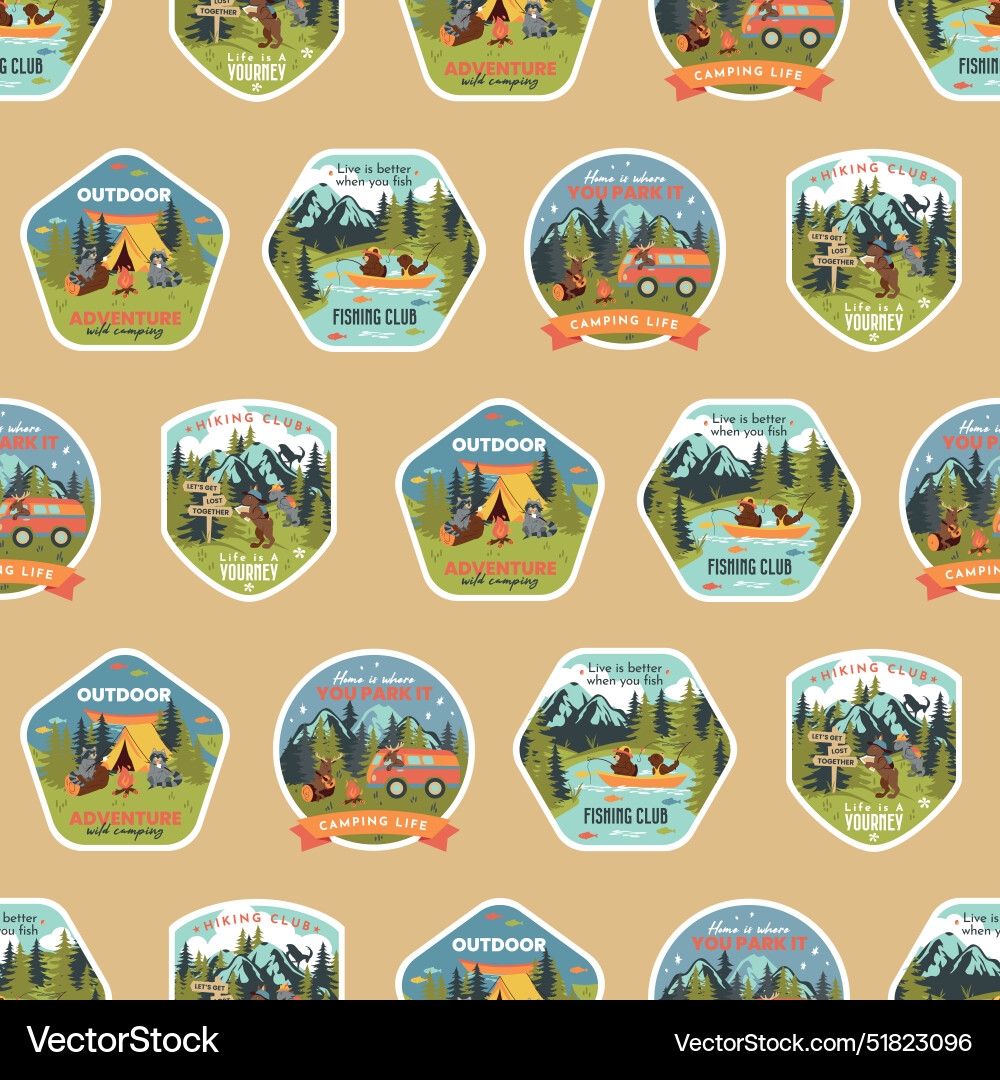 Badges of camping life displayed in rows Vector Image