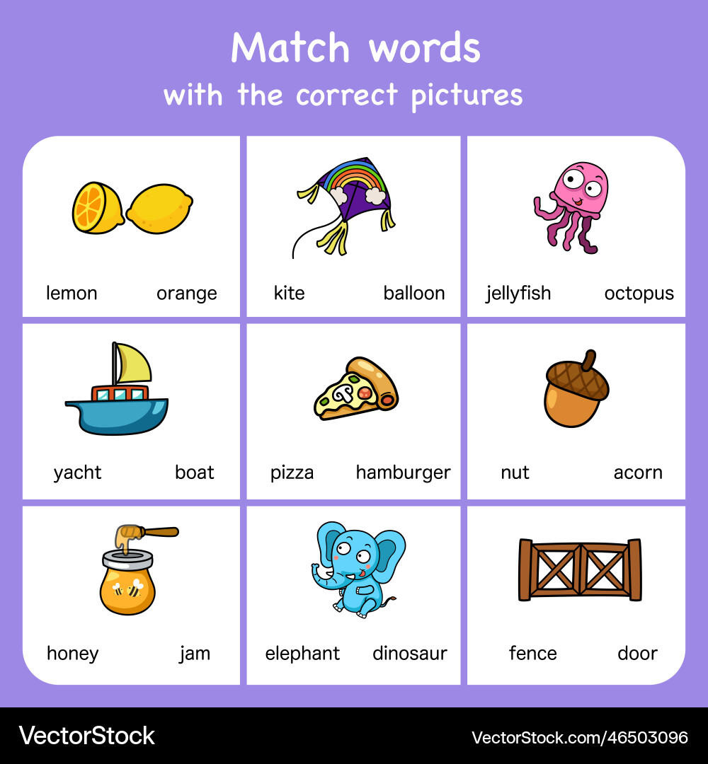 Match Words to Pictures - Preschool Activity Vector Image