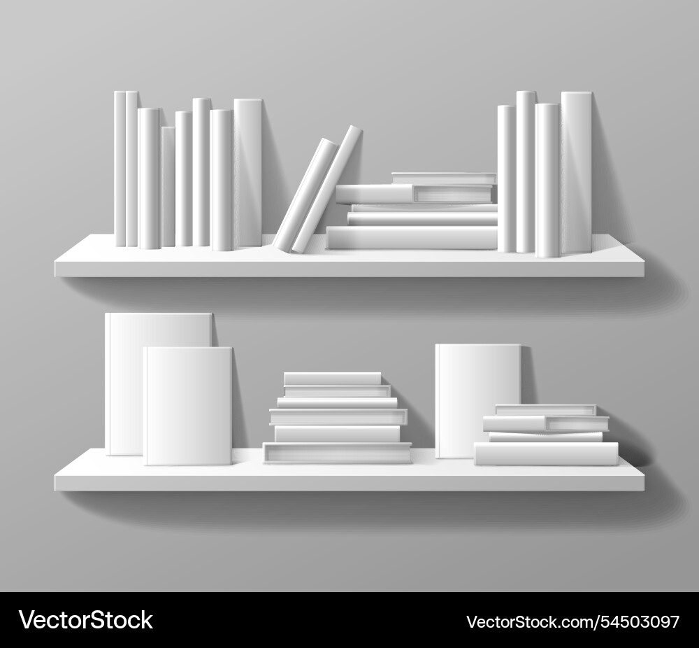 Book stack spine and front view on wall shelf Vector Image