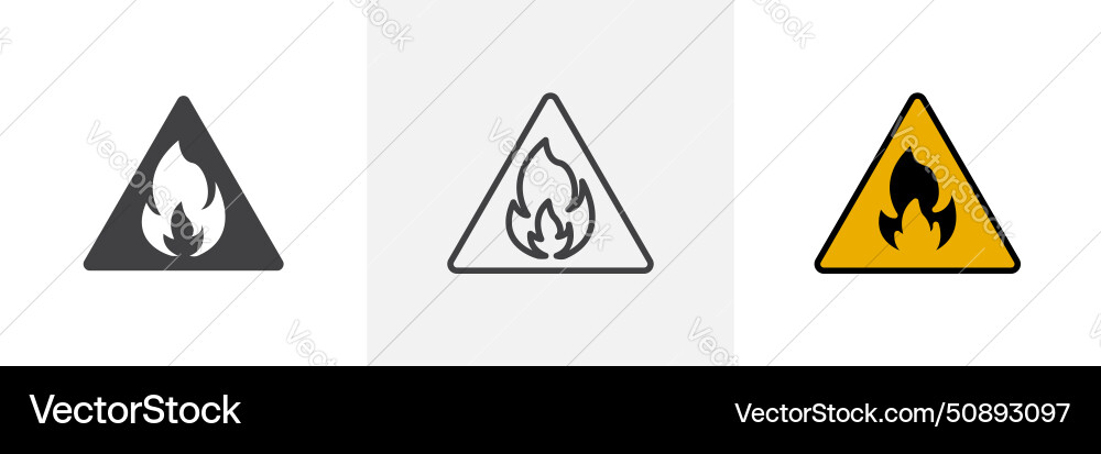 Fire warning sign icon set yellow triangle alert Vector Image