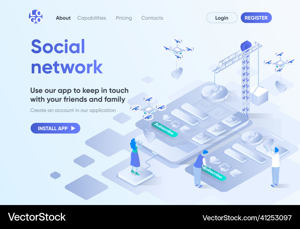 Social network isometric landing page Royalty Free Vector