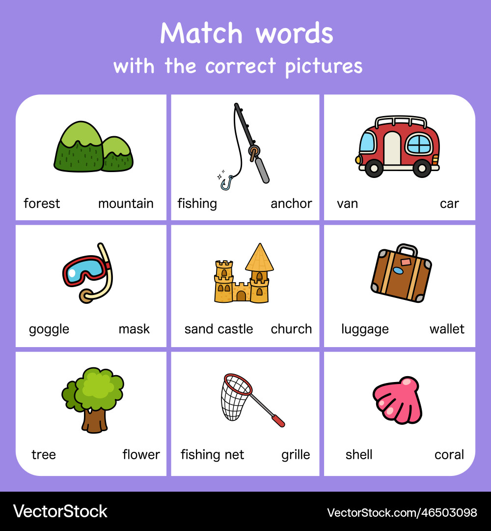 Match Words to Pictures - Educational Worksheet Vector Image