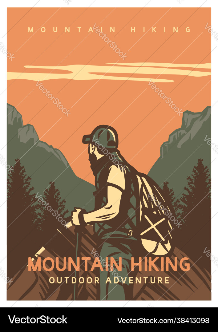 Mountain Hiking Poster - Vintage Adventure Vector Image