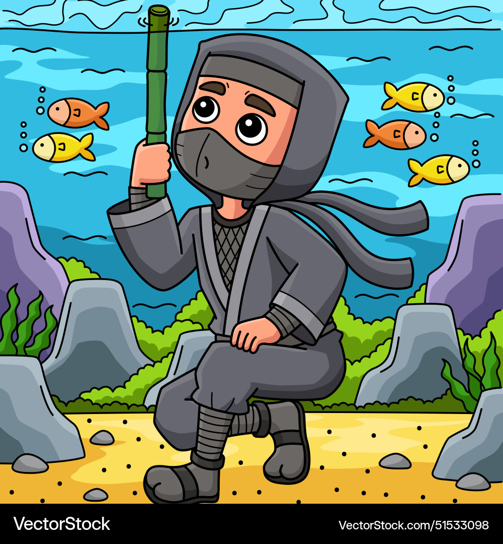 Ninja hiding under the water colored cartoon Vector Image
