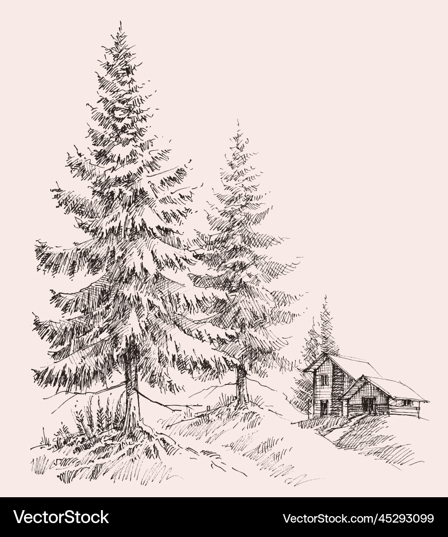 Alpine landscape sketch mountain cabin pine tree Vector Image