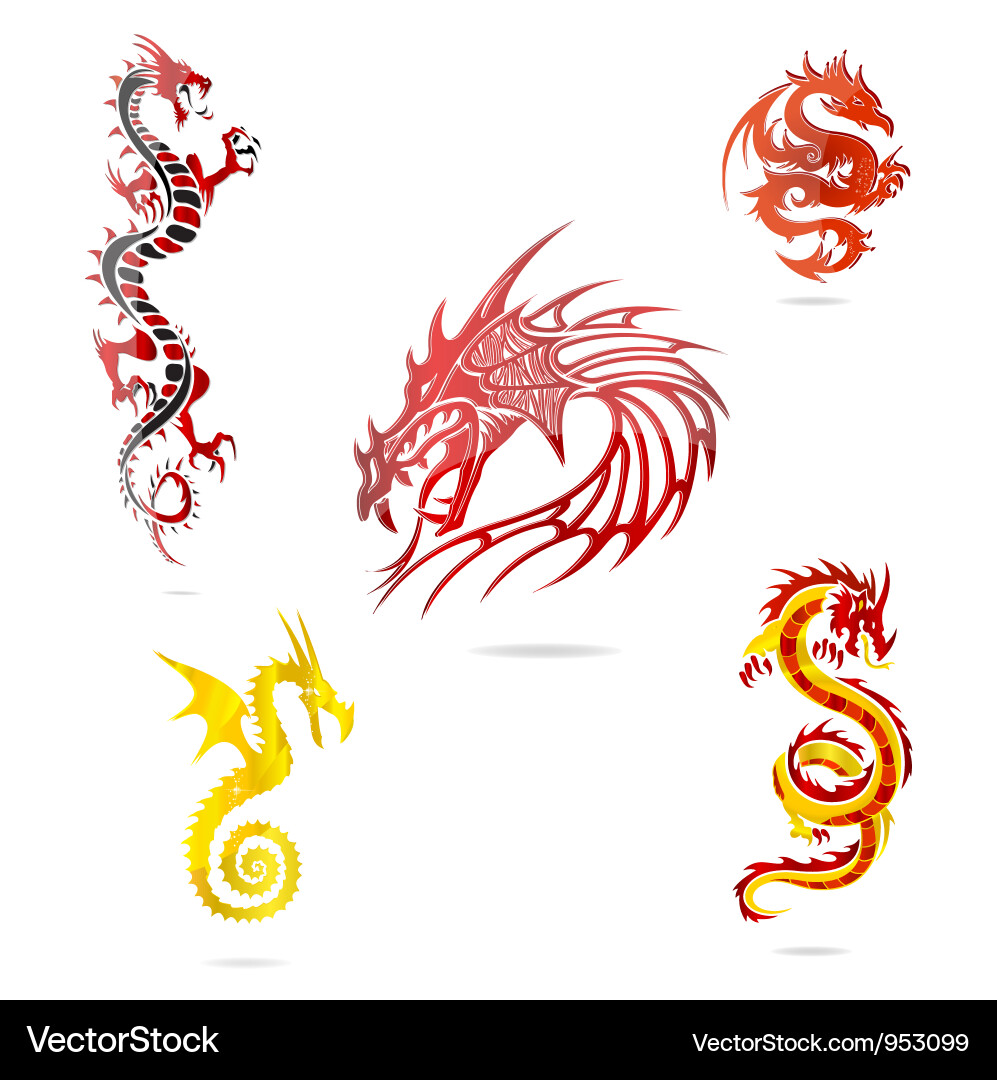 Asia colored dragons sign set isolated Royalty Free Vector