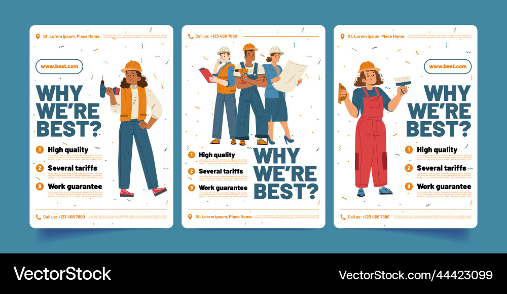 Construction company advertisement with builders Vector Image