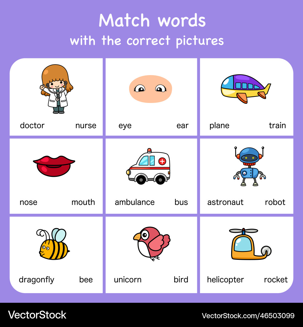 Match Words to Pictures - Educational Worksheet Vector Image