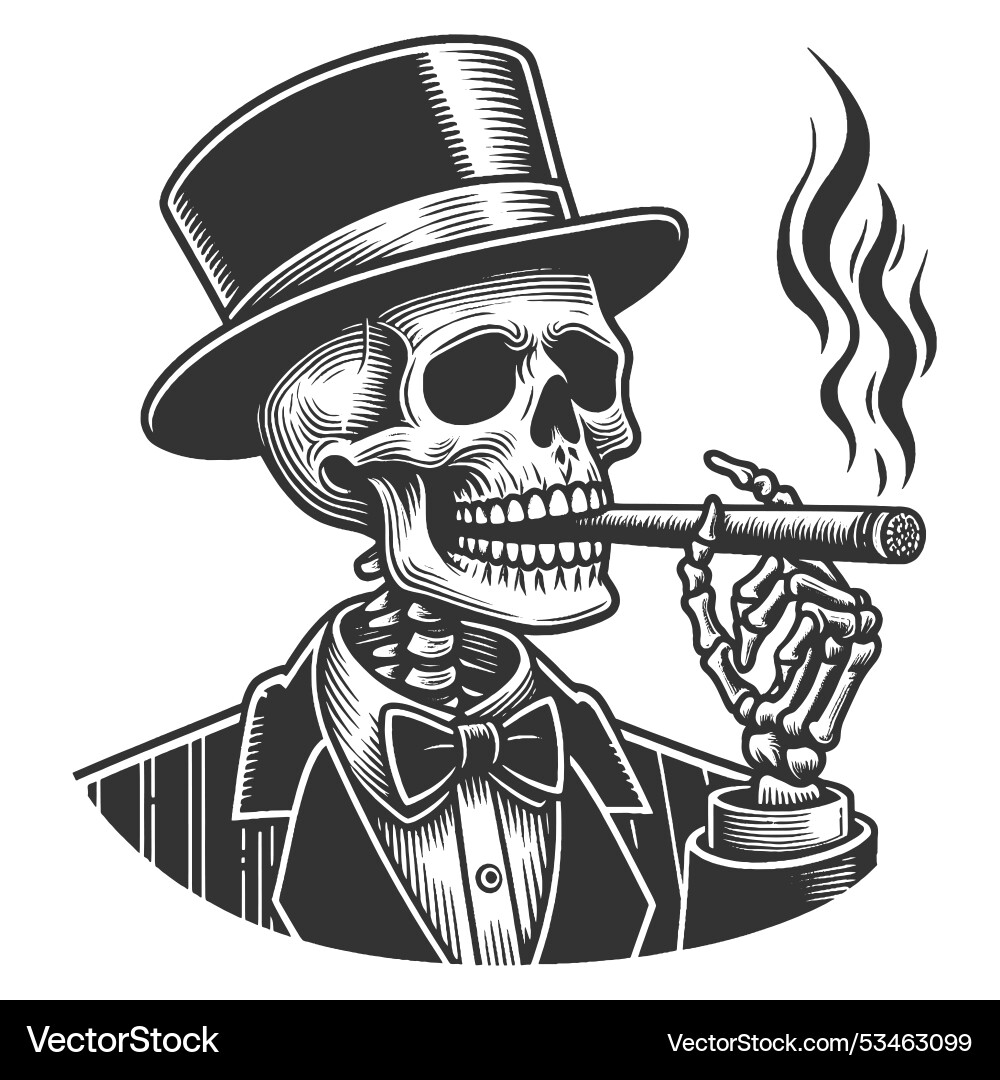 Skeleton in top hat smoking cigar engraving Vector Image