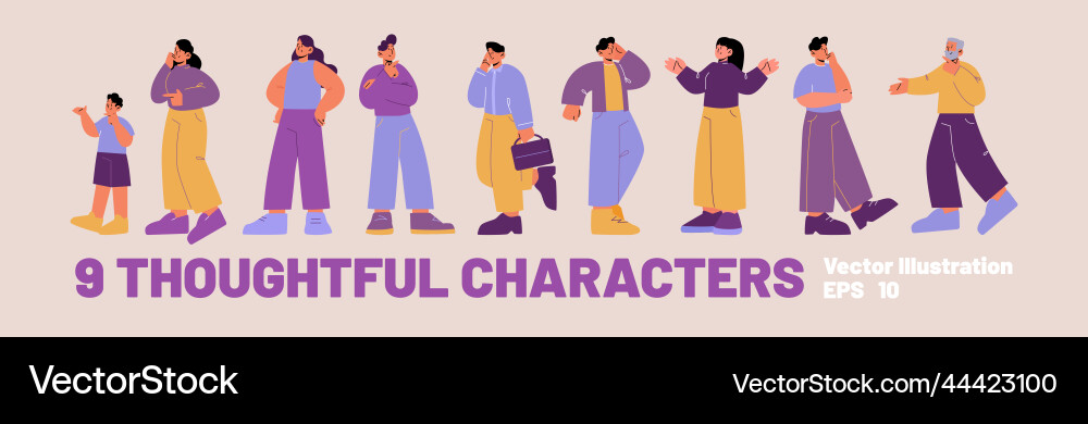 Thoughtful characters set diverse people think Vector Image
