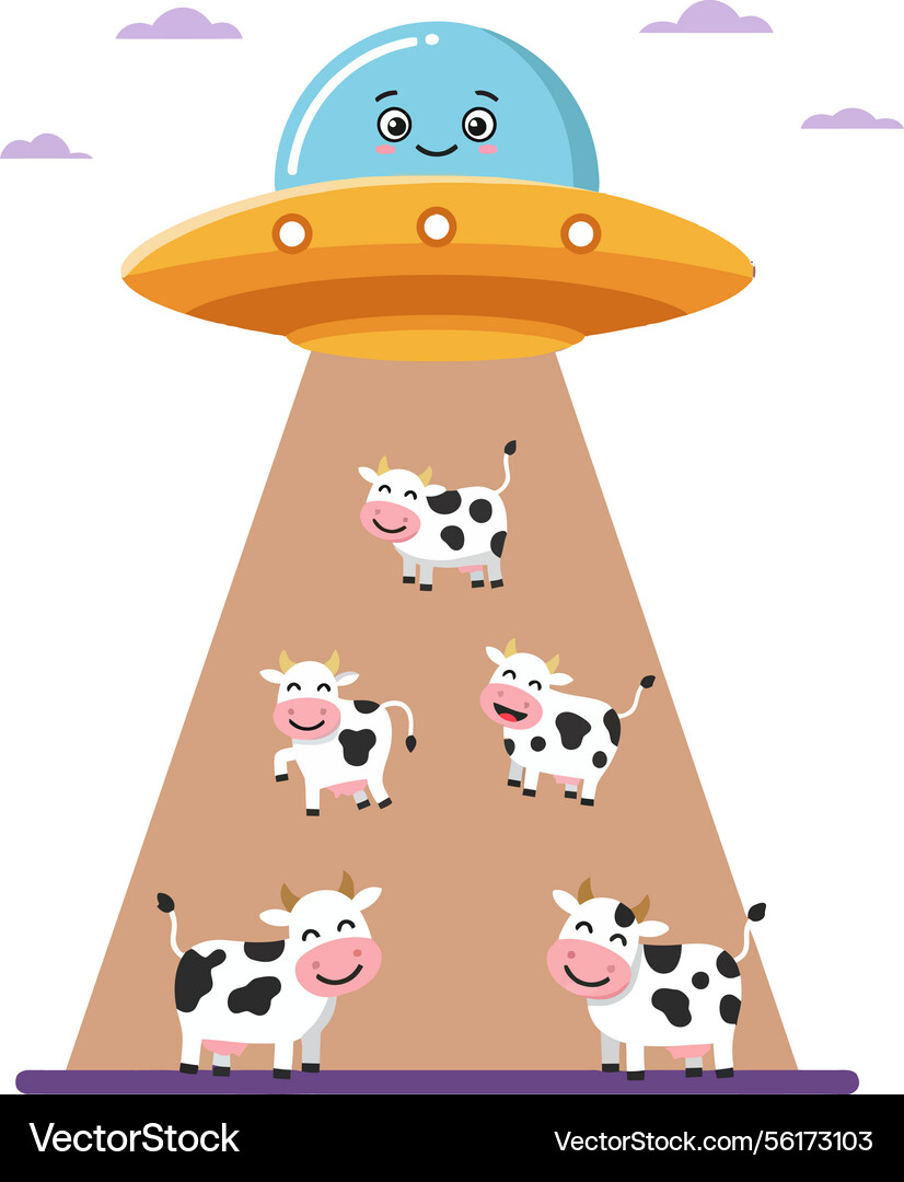 A cheerful ufo beaming up playful cows in flat Vector Image