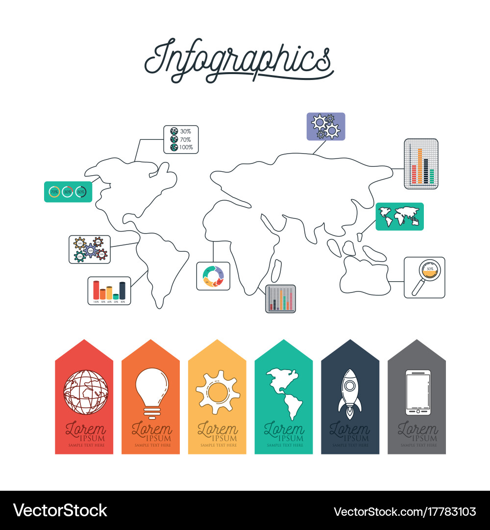 Infographic world map with labels icons on bottom Vector Image