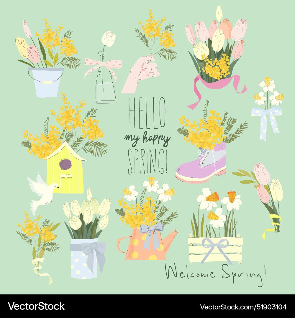 Cartoon set with fresh spring flowers bouquets Vector Image