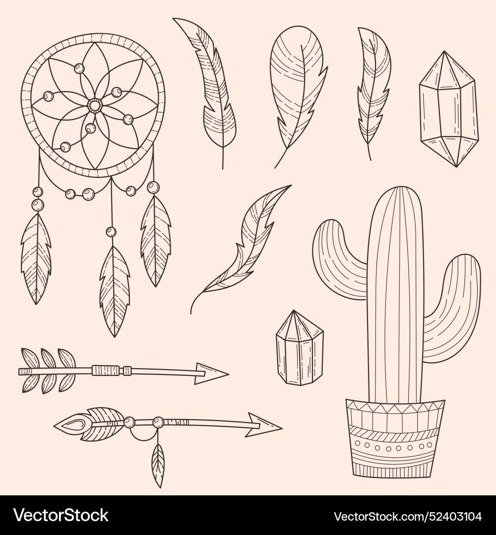 Engraving hand drawn boho element collection Vector Image