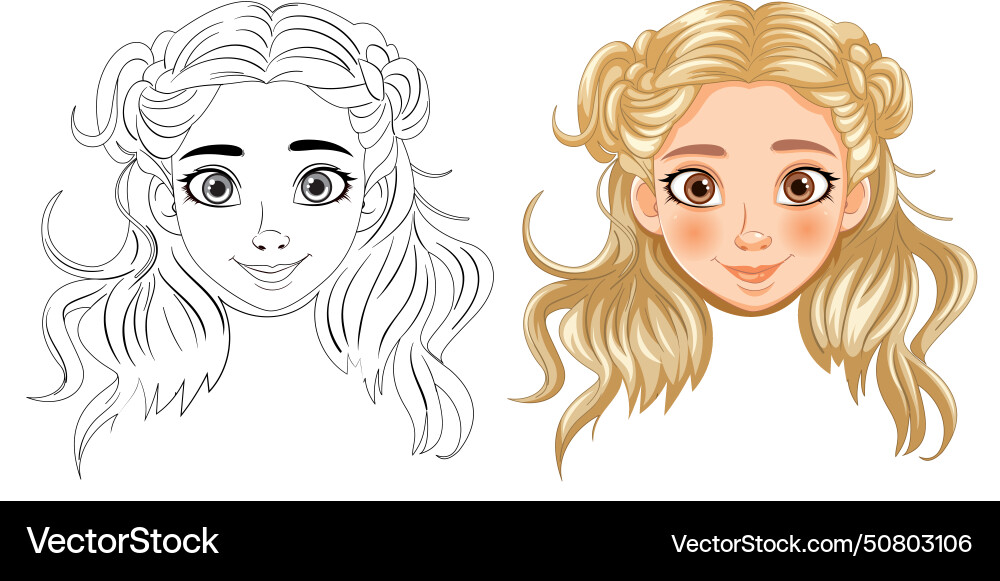 A girl line art and colored version Royalty Free Vector