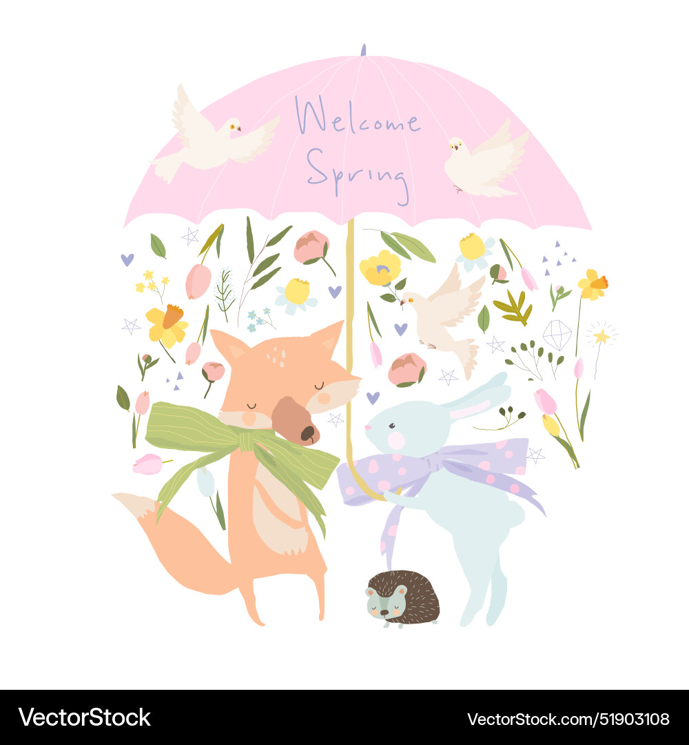 Cute animals under big umbrella meeting spring Vector Image