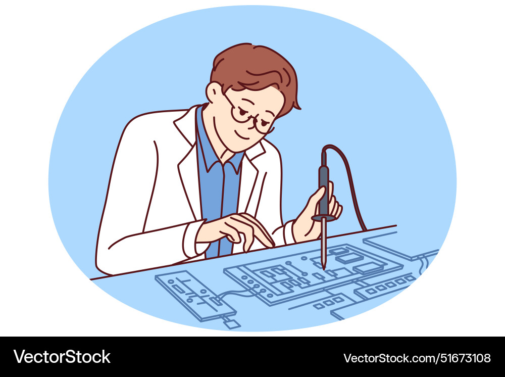 Man engineer uses soldering iron to repair Vector Image