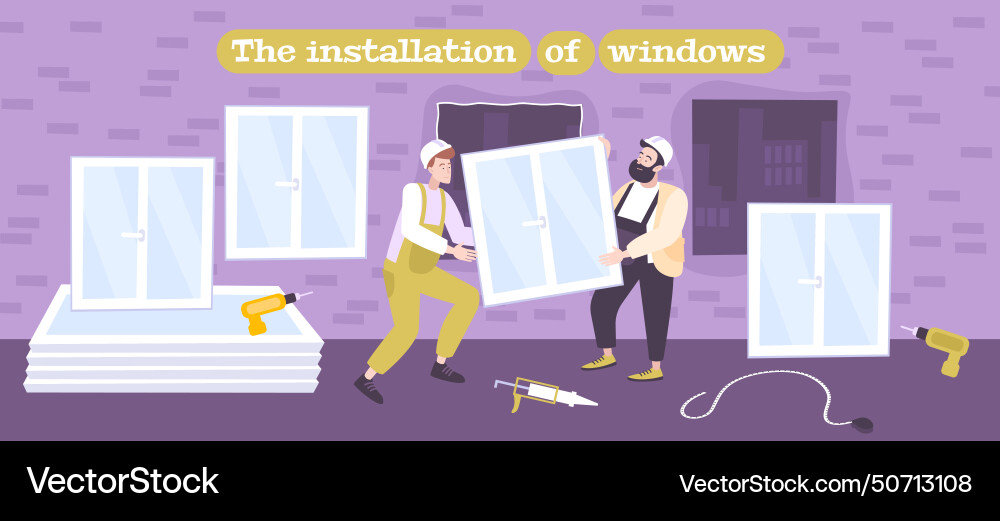 Window installation flat composition Royalty Free Vector