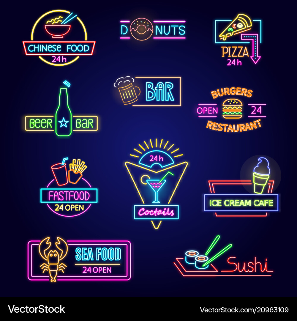 Neon food glowing illuminated advertisement Vector Image