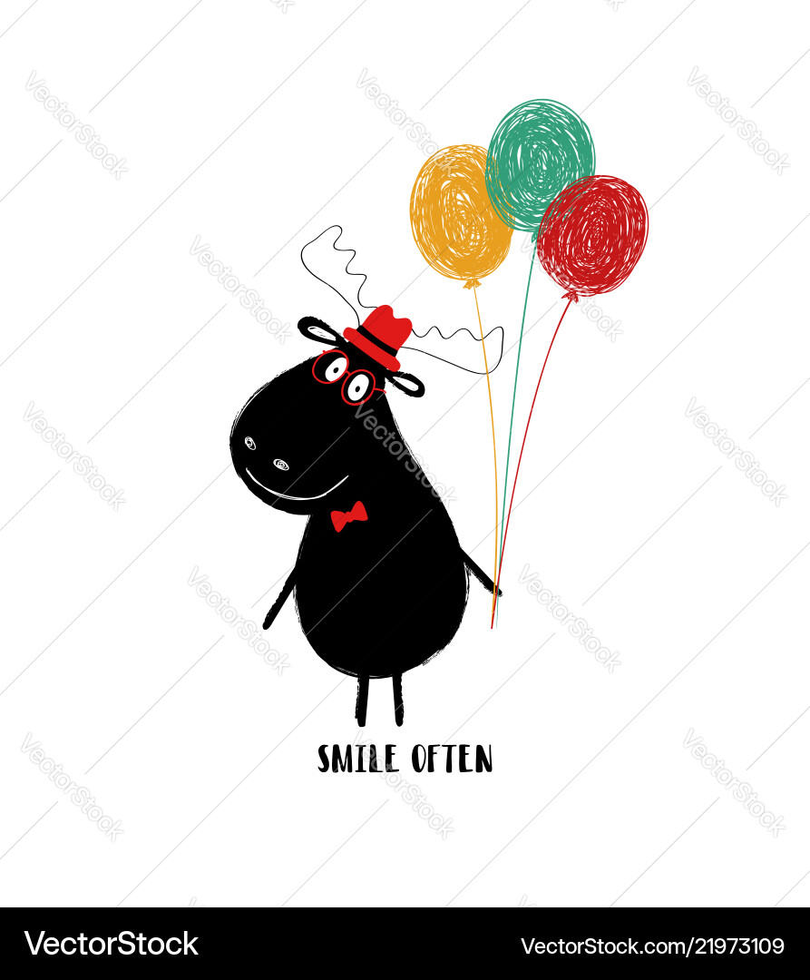 Smiling moose with bunch of balloons Royalty Free Vector