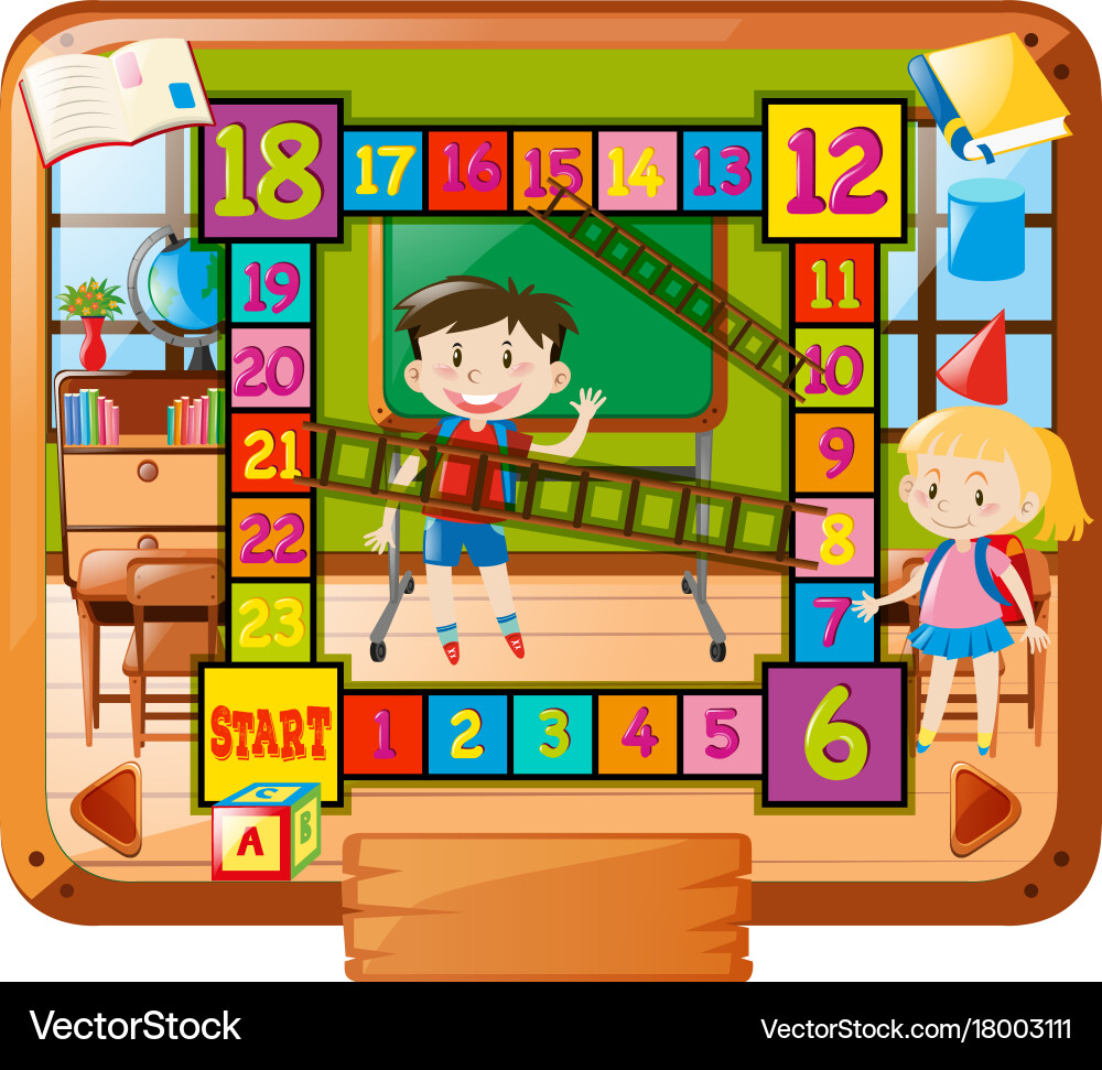 Boardgame template with kids at school background Vector Image