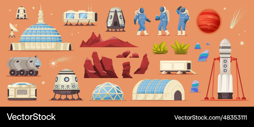 Mars colonization icon set Royalty Free Vector Image
