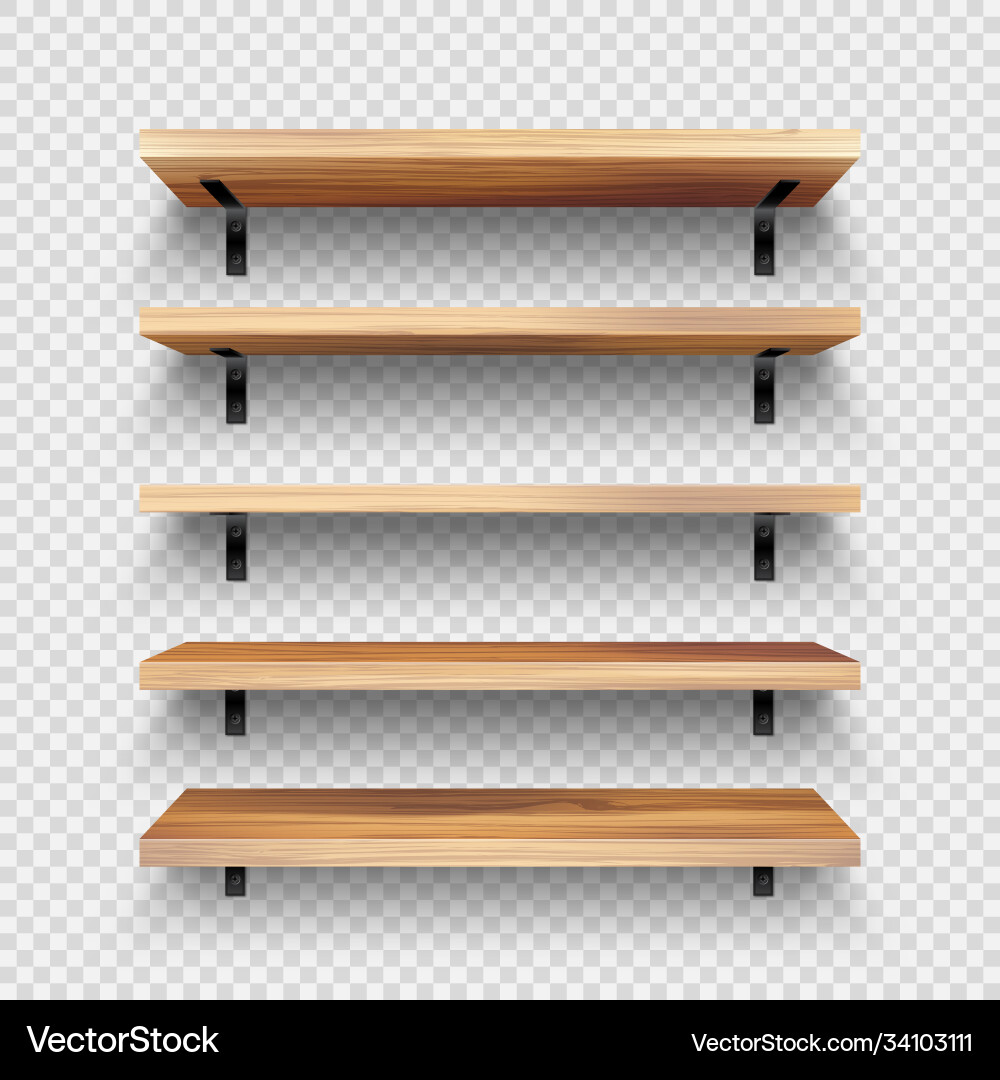 Realistic empty wooden store shelves set product Vector Image