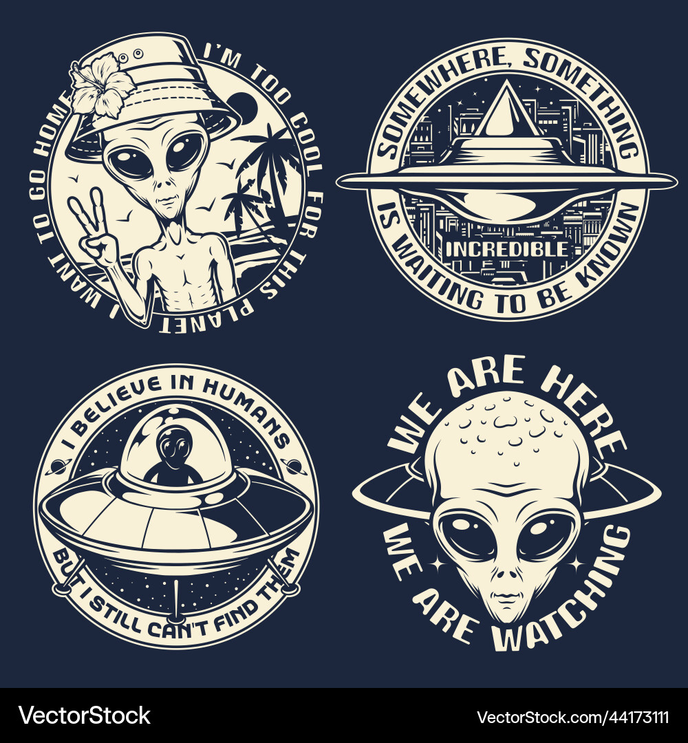 Space aliens set sketch monochrome Royalty Free Vector Image