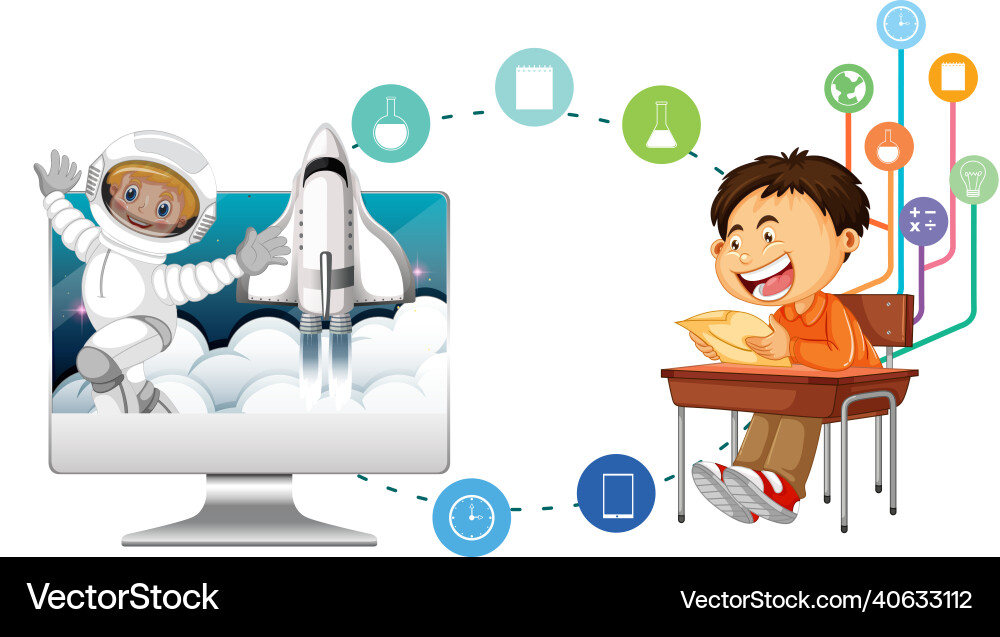 School boy with computer and education icons Vector Image