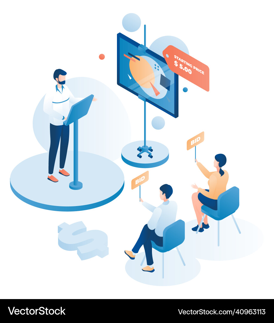 Auction scene with auctioneer calling out starting