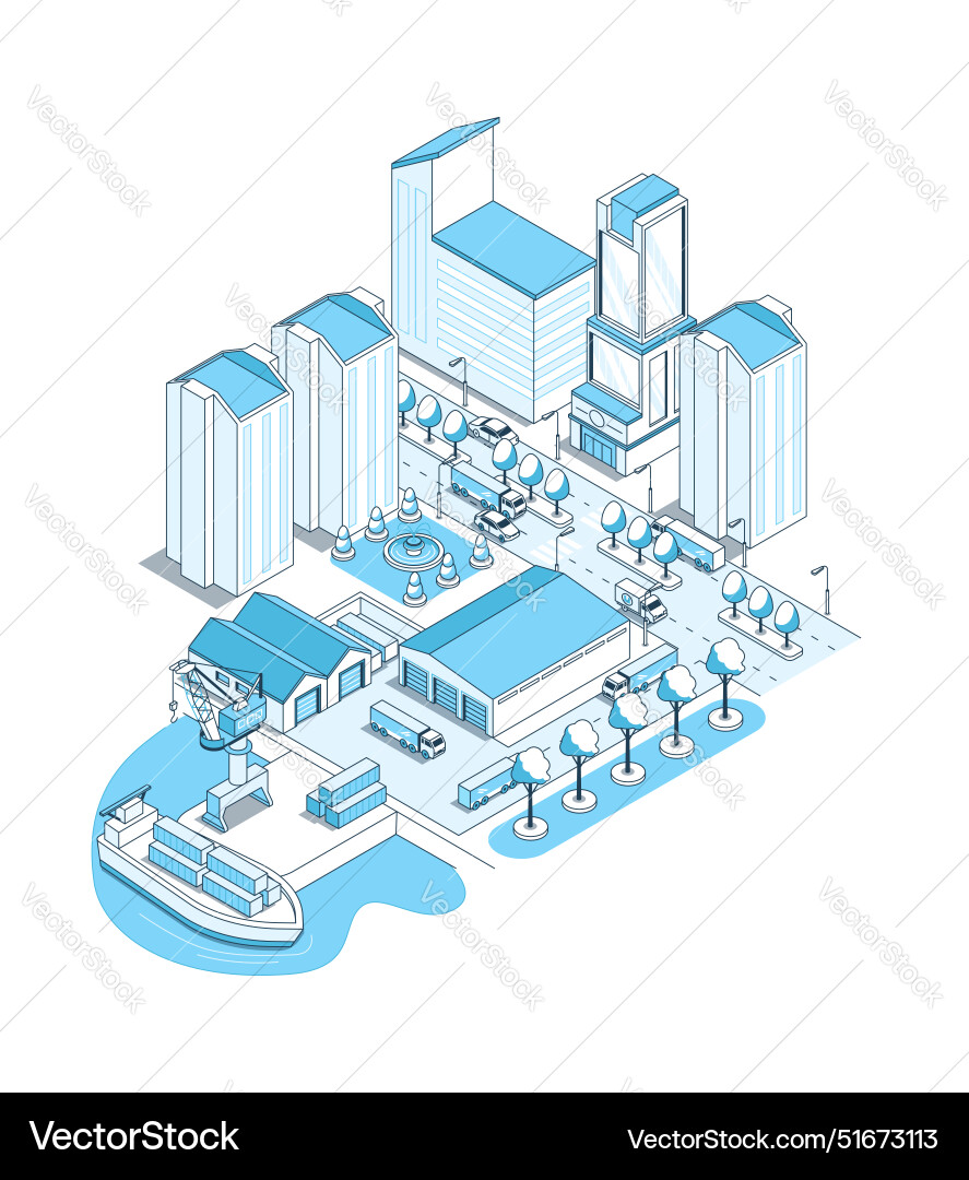 Port warehouse in the city - isometric Royalty Free Vector