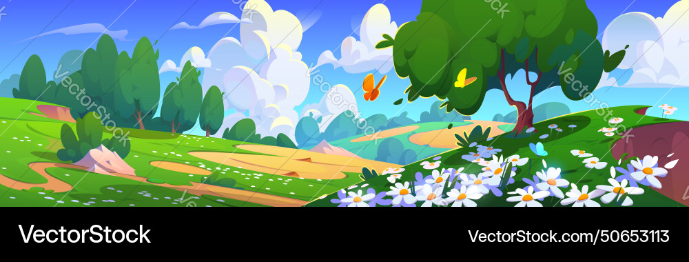 Summer valley landscape with flowers Royalty Free Vector
