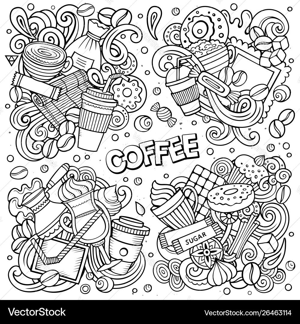 Line art hand drawn doodles cartoon set Royalty Free Vector
