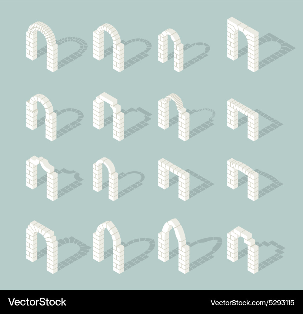 Stone architectural isometric 3d arch icons set Vector Image