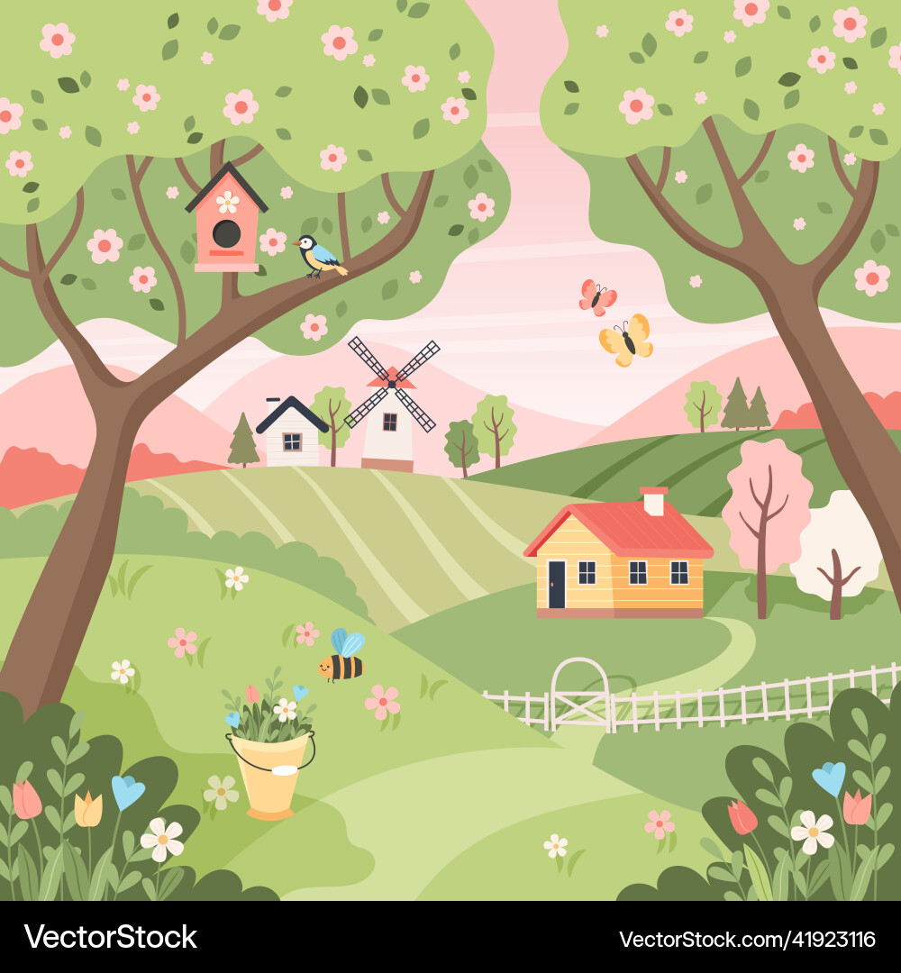 Spring rural landscape with trees fields houses Vector Image