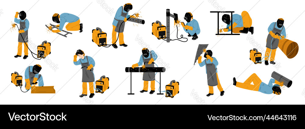 Welder at work flat set Royalty Free Vector Image