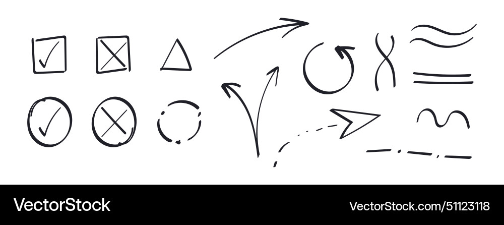 Handwritten doodle set elements check cross Vector Image