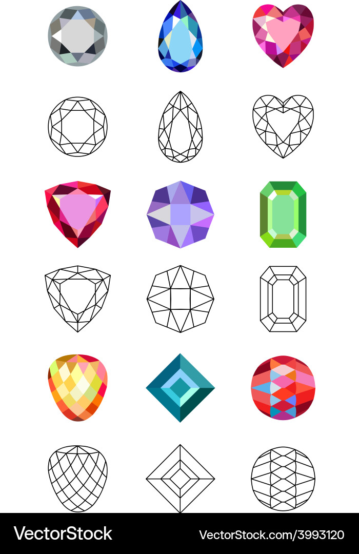 Low poly colored black outline template gems cut Vector Image