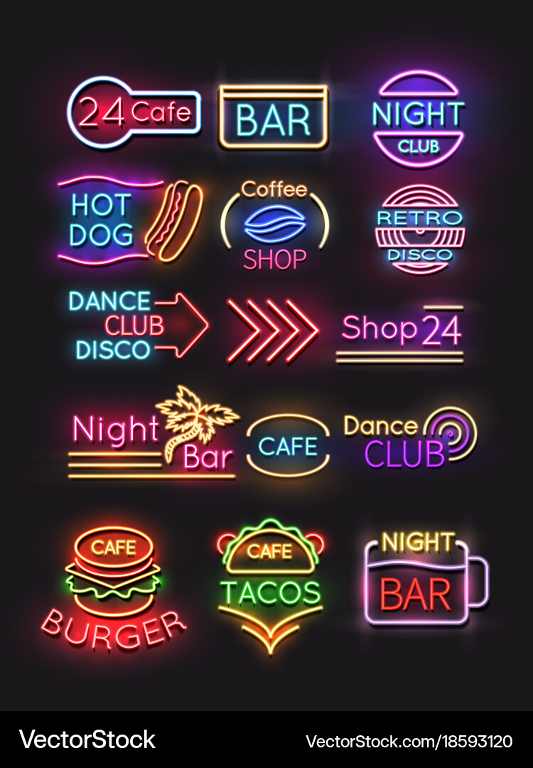Neon Night Bar Cafe Signs Royalty Free Vector Image