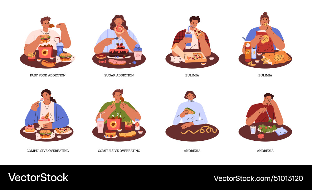 People devouring bakery sweets and fast food Vector Image