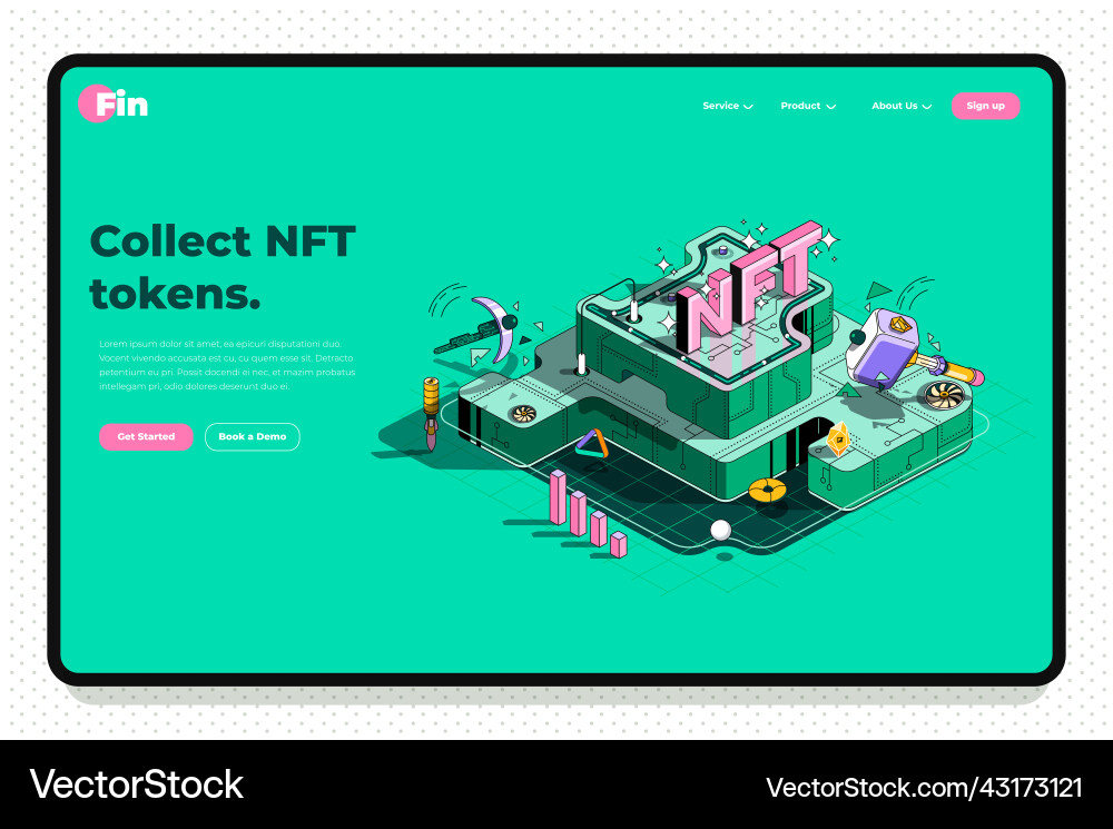 Nft concept 3d isometric outline landing page Vector Image
