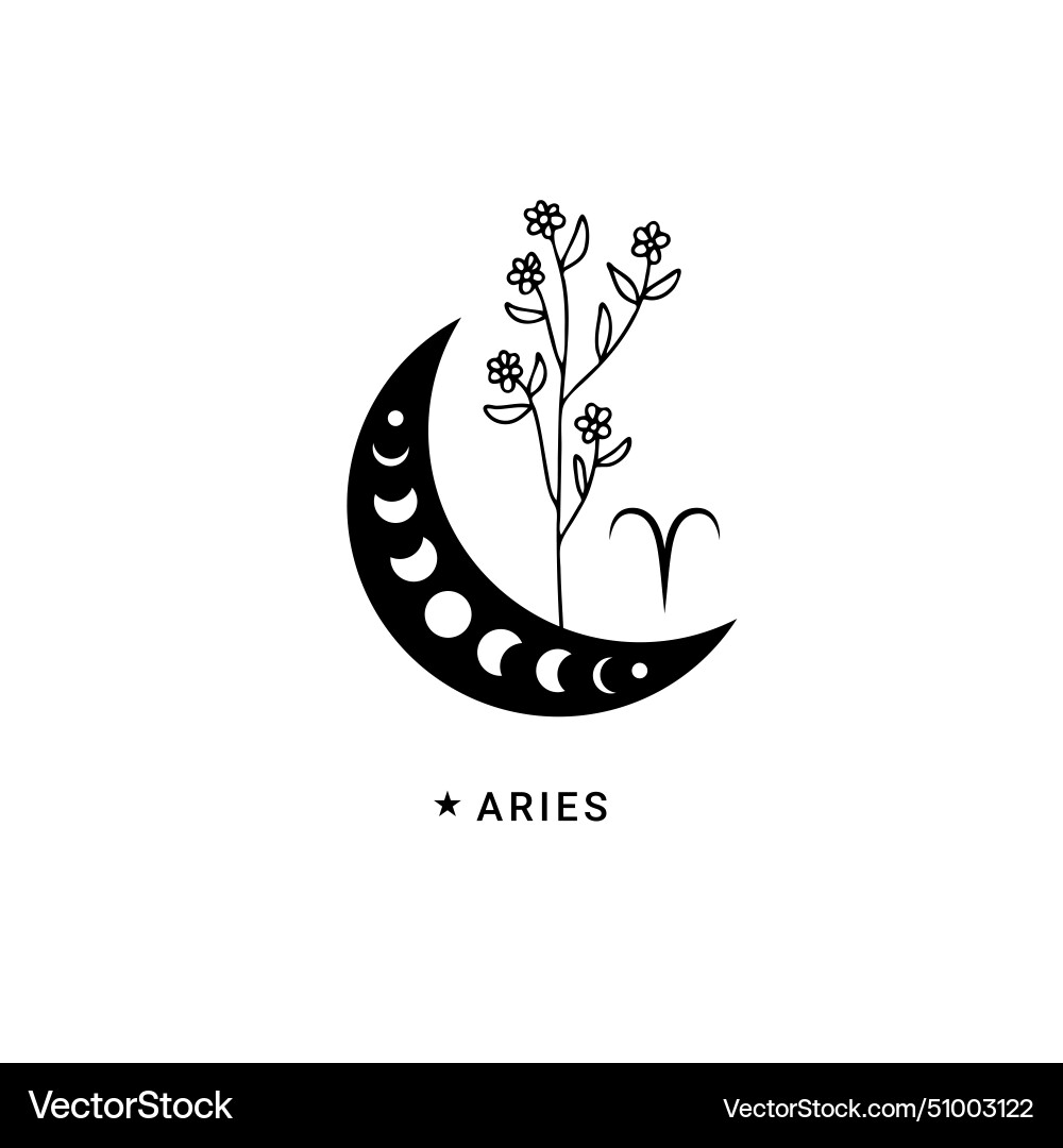 Aries zodiac sign with moon phase and flower Vector Image