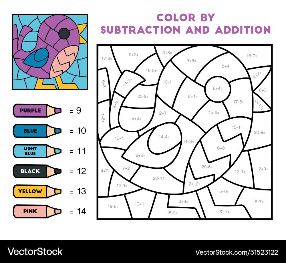 Color by addition and subtraction education game Vector Image